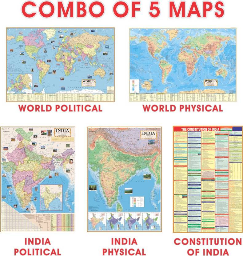 (COMBO OF 5 MAPS/CHARTS) INDIAN Constitution of India Chart With India ...