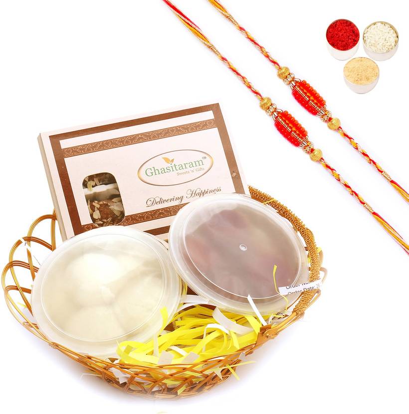 Ghasitaram Gifts Rakhi Gifts Mithai Hamper-Gold Wired Basket of ...