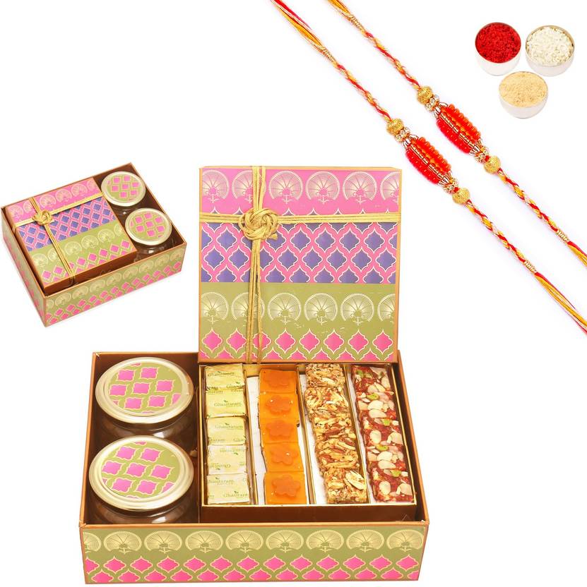 Ghasitaram Gifts Rakhi Gifts Mithai Hamper-Pink Green Assorted Bites ...