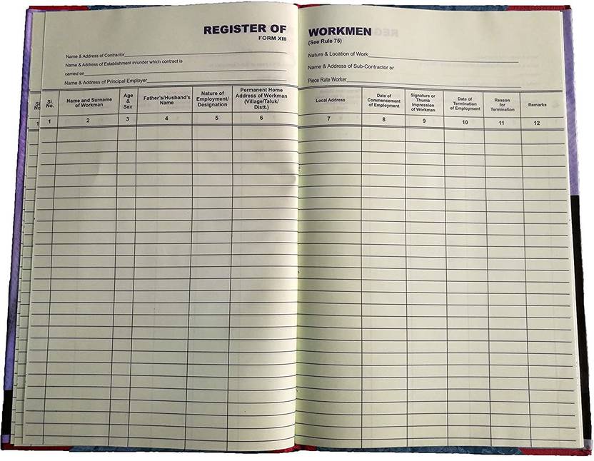 LRS Register of Workman Employed by Contractor Form XIII Rule 75 ...