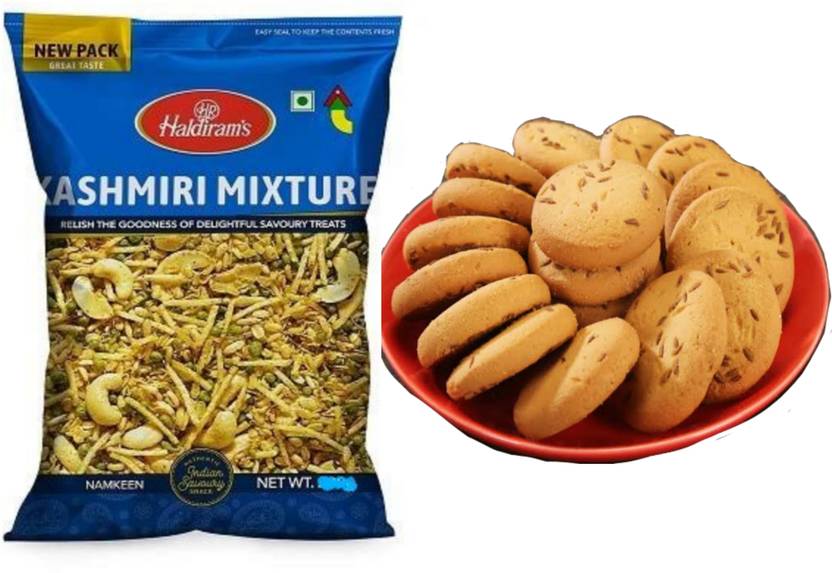 Haldiram's kashmiri mixture 400 gm and bakery jeera biscuit 300 gm ...