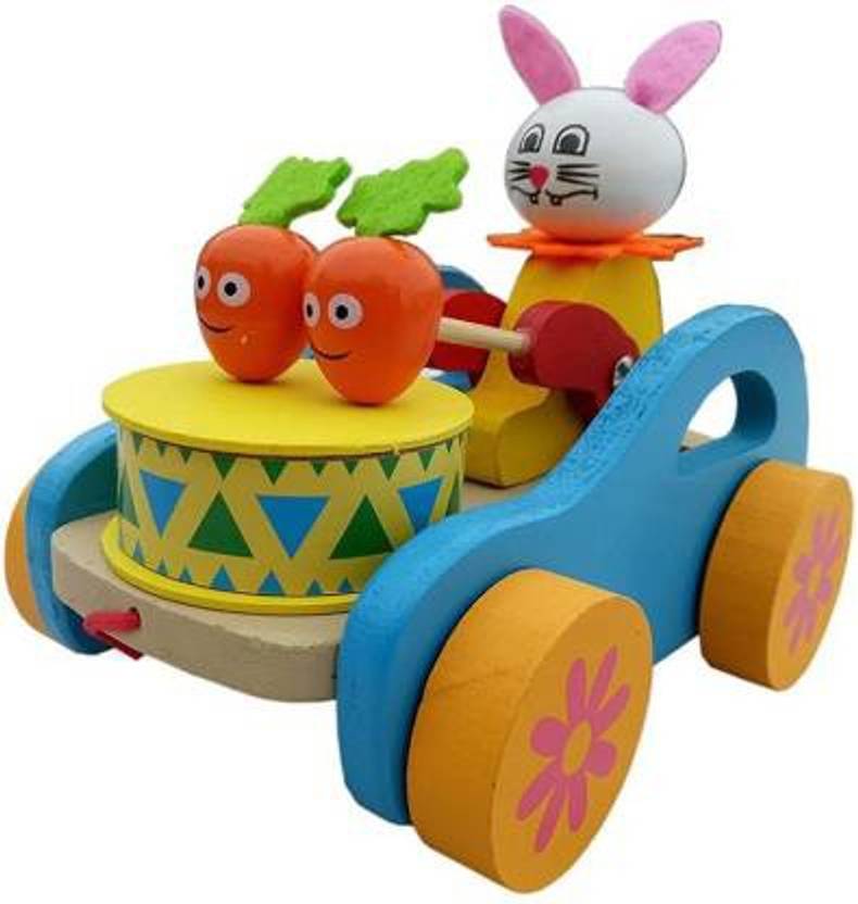 QWICK CLICK Wooden Beat Drum Rabbit Pull Along Car Toy Walking Vehicles ...