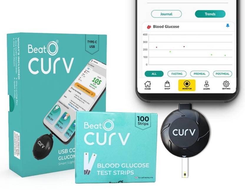 BeatO Curv Glucometer (Type-C USB) with 100 Strips and 100 Lancets ...