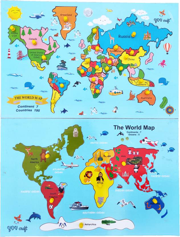 YDV CRAFT Wooden WORLD MAP CONTINENT PUZZLE WITH KNOB BACKSIDE PRINTED ...