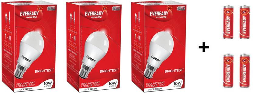Eveready 10W LED Bulb Pack of 3 with Free 4 Batteries Price in India ...
