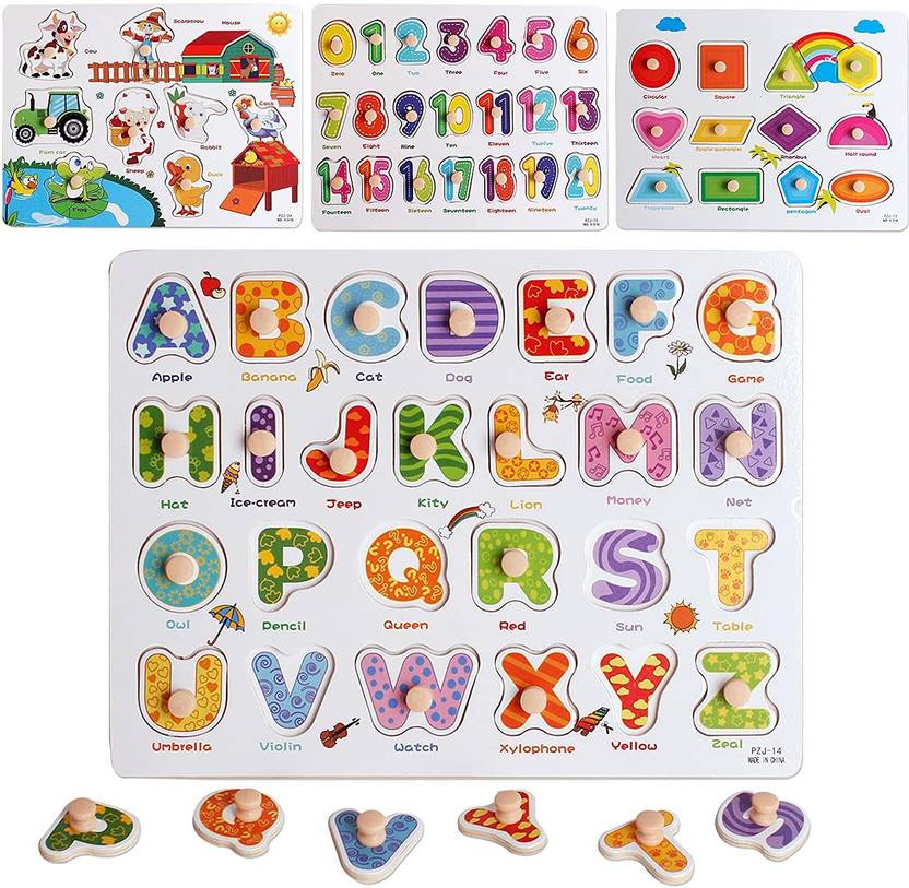 Authfort Wooden Peg Puzzles Set for Toddlers 2 3 4 Years Old, Alphabet ...