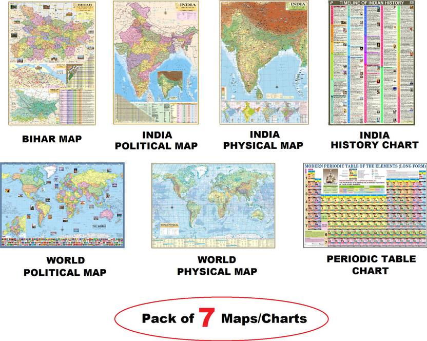 (Combo of 7 Map/Charts) Bihar Map, India Map (Political & Physical ...