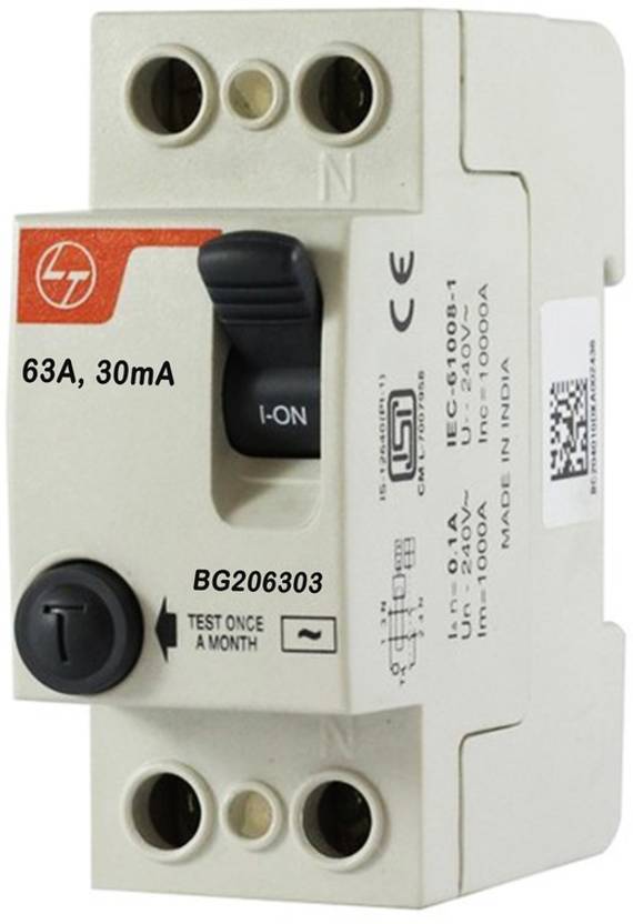 L&T RCCB Double Pole 63 AMP/30mA 240 V Residual Current Circuit Breaker ISI Mark BG206303 MCB ...