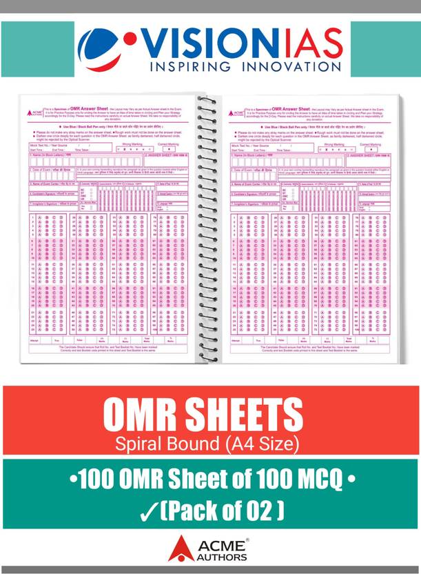 Vision IAS Test Series OMR Spiral A4 Notebook |100 OMR SHEETS For 100 ...