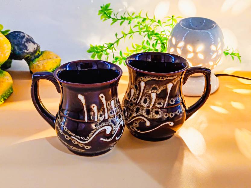 BUTMEE Pack of 2 Ceramic Art Handmade Matka shape Printed Ceramic Milk ...