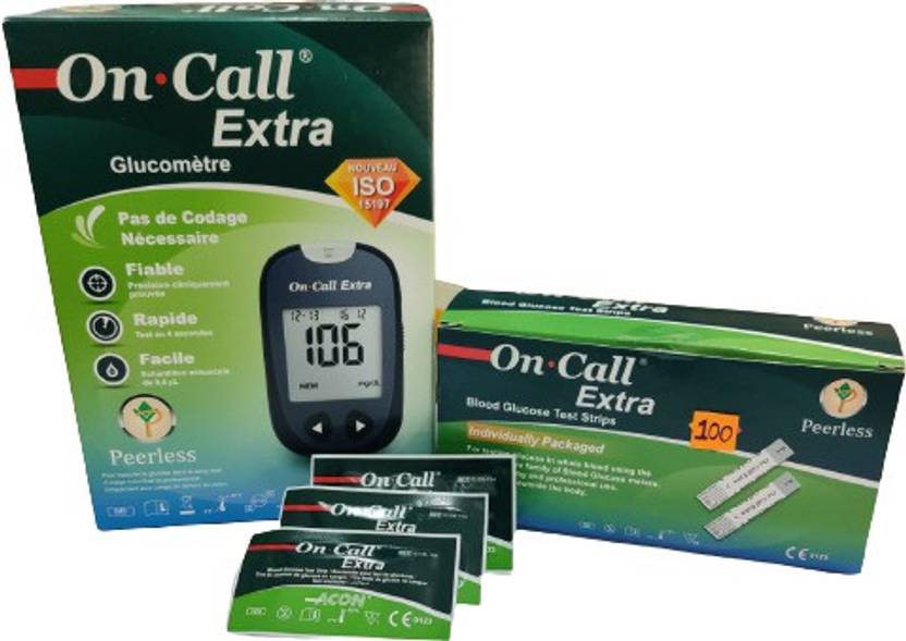 On Call Extra Glucometer With 100 Individual Test Strips Glucometer ...