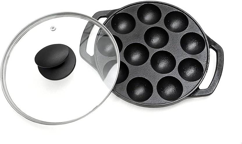 COOKBEAT Cast Iron Paniyaram appam pan with lid, Paniyarakkal, 12 ...