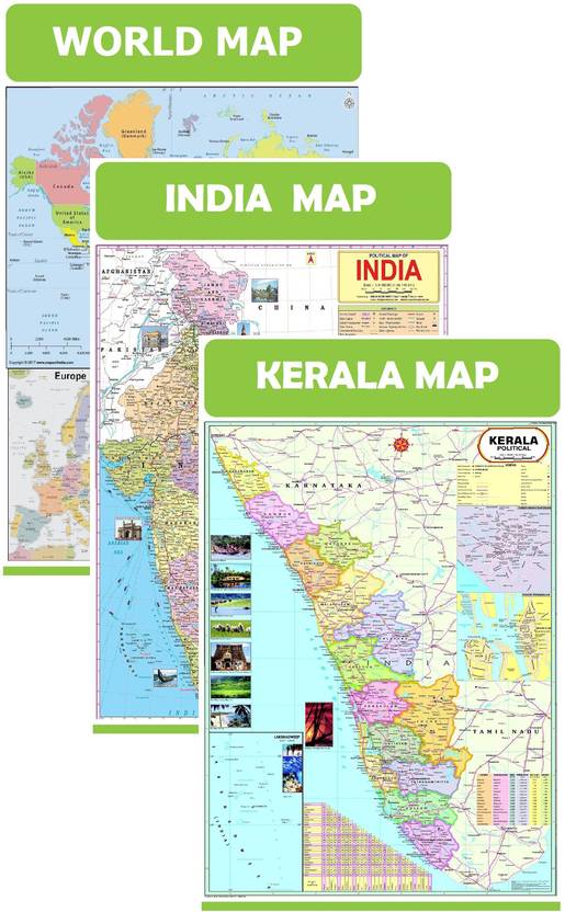 Kerala Map, India Map & World Map 47x65 cm (19x26 Inch) Mega Size (3 ...