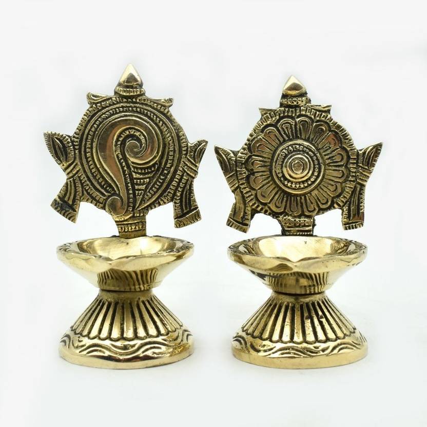Puja N Pujari Brass Shank Chakra Diya - Deepak Oil Lamp for Pooja Room ...