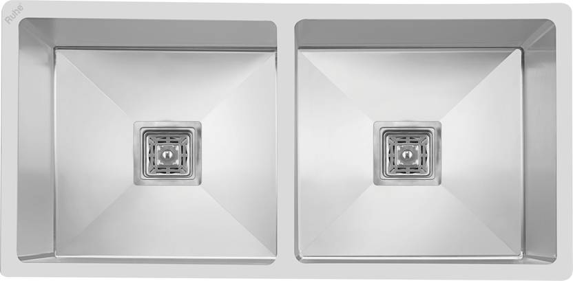 RUHE 304 Grade Stainless Steel Handmade Square Double Bowl Kitchen Sink 45 X 20 X 9 Inches ...