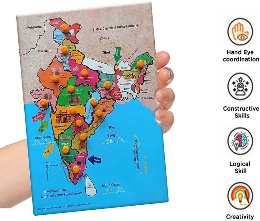 SAFESEED India Map Wooden Puzzle Learning Educational Board Tray with ...