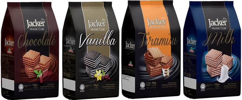 Jacker Wafer Cube Pack in Chocolate, Vanilla, Milk, Tiramisu Flavor 100g, (Pack of 4) Wafers ...