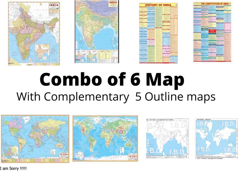 Pack of 6 ENGLISH (MAPS/CHARTS) India & World Map (Political & Physical ...