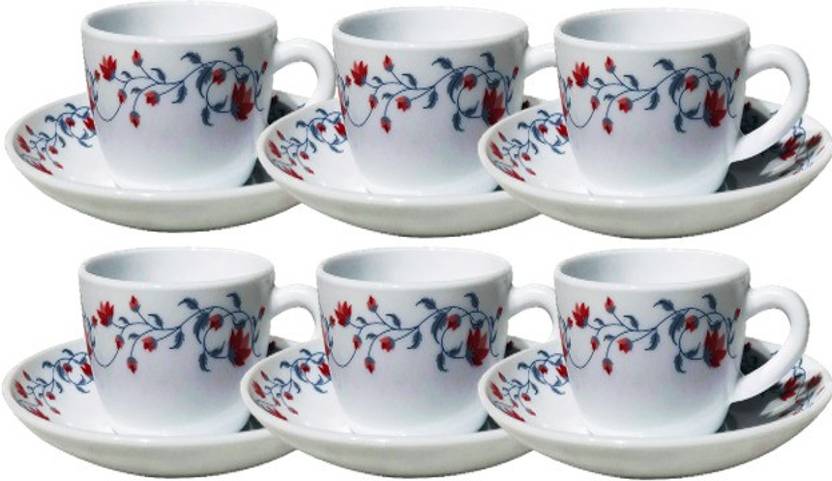 BOROSIL Pack of 6 Opalware Cup Saucer Set Design Pentas [[ Cup 140 ML ...
