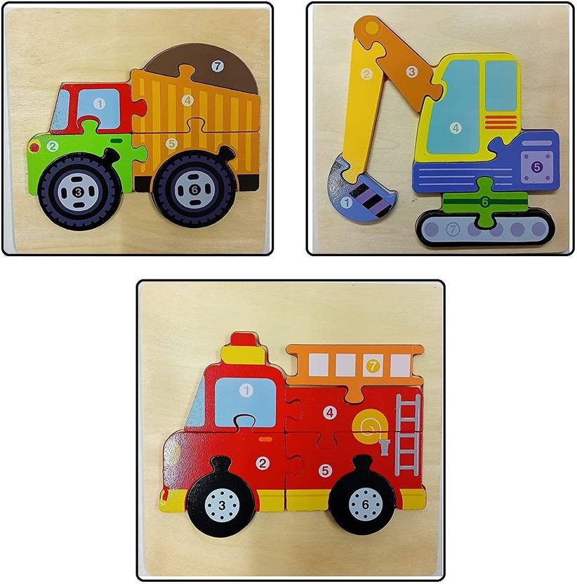 NONU 3D Wooden Vehicles Jigsaw Puzzle Pre Education Alphabet & Number Learning Toy - 3D Wooden ...