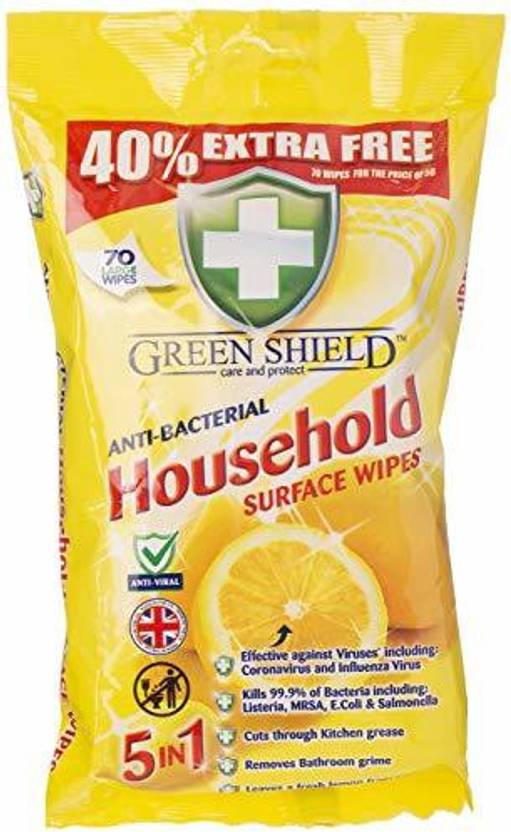 green shield Anti Bacterial Household Surface 70 Wipes Pack,40%Extra ...