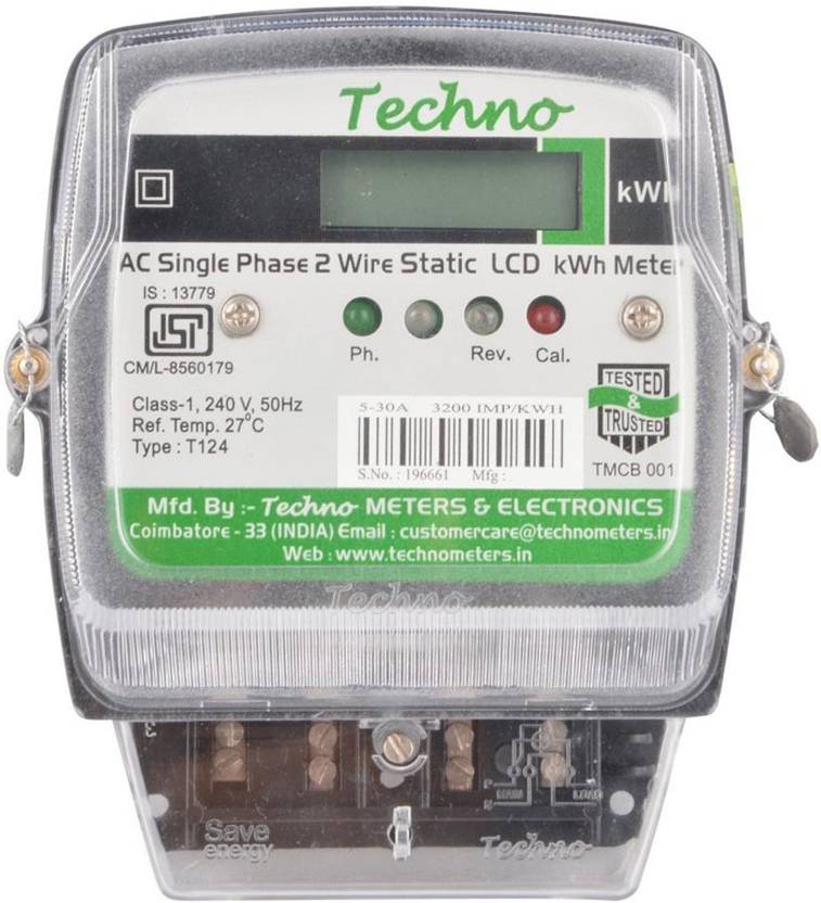 TECHNO single phase static energy meter with LCD 5 to 30 amps TMCB001 ...