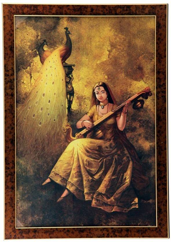 Saral Lady Playing Veena With Two Peacoke Canvas 37 inch x 53 inch Painting Price in India - Buy ...
