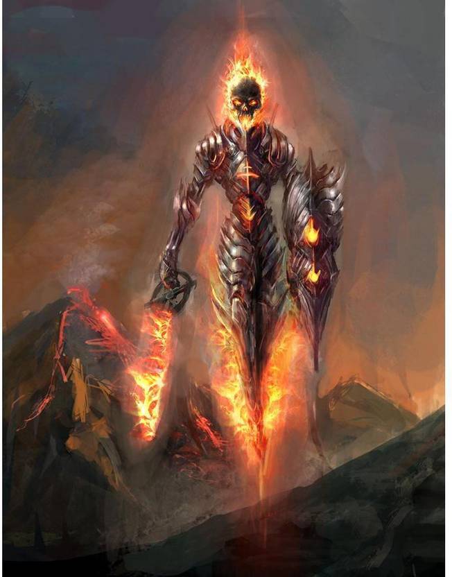 Artzfolio Burning Skeleton Knight Over Volcano Framed Art Print Canvas ...