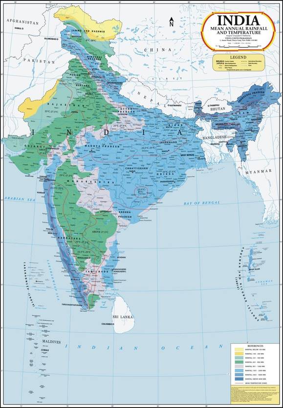 India Map : Mean Annual Rainfall & Temperature Paper Print - Maps ...