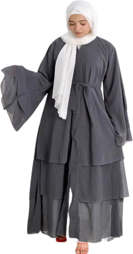 Qsa abayastore Grey Triple Layer Chiffon Front Open Abaya With Hijab ...