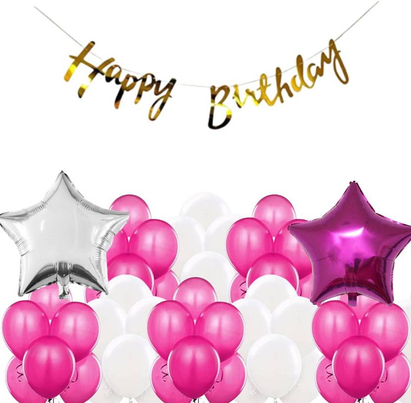 B4 Birthday Combo Gold Bunting + 30 White+Met Pink Balloon +2 Pink ...