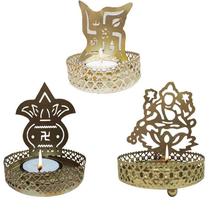 FLI HAUT Handicrafts Kalash + Swastik + Laxmi Maa Design Metal Tealight ...