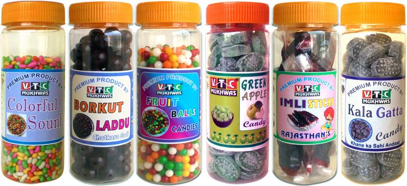 VTC Yummy Sweet Saunf, Borkut, Fruit Balls, Green Apple, Imli Stick and ...