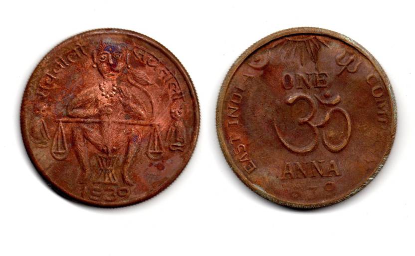 ANK 1818 EIC UKL One Anna Copper Sach Bolo Sach Tolo OM India coin rare ...