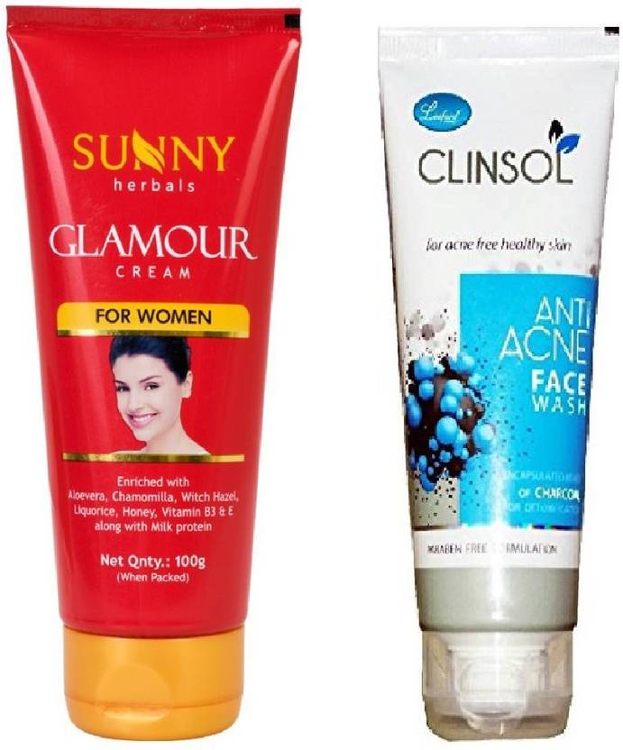 Sunny Herbals Glamour Cream For Women (100g) & Clinsol Anti Acne Face ...