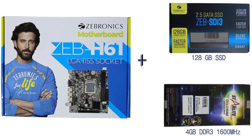 ZEBRONICS 128GB SATA SSD + 4GB DDR3 1600MHz starlite RAM + ZEB-H61 LGA ...