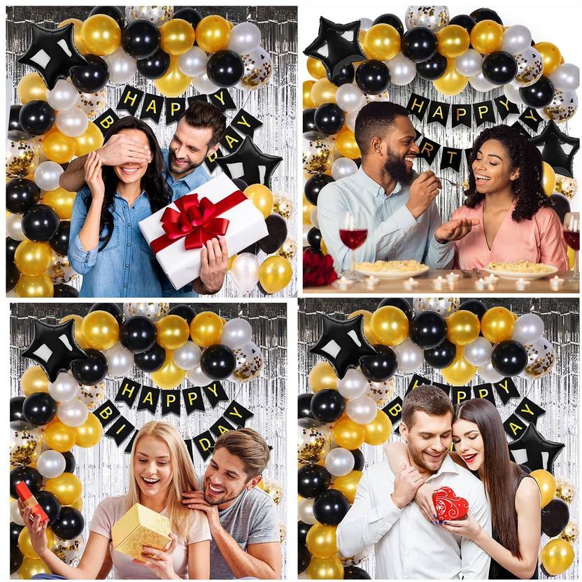 Rky Balck White And Golden Birthday Balloons Banner Garland Decoration