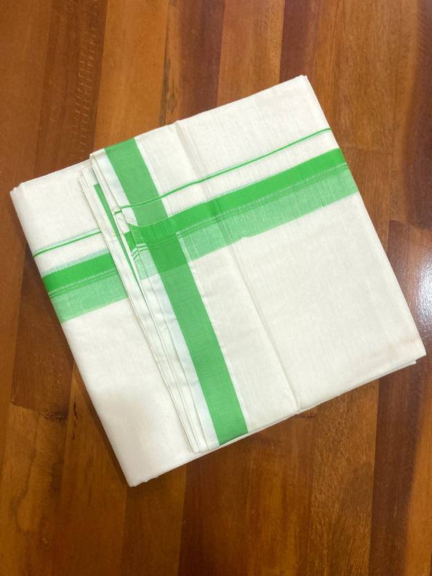 Southloom Off White Pure Cotton Double Mundu with Light Green Border ...