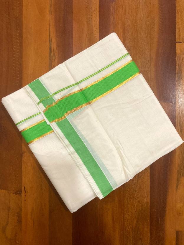 Southloom Off White Pure Cotton Double Mundu with Kasavu and Green ...