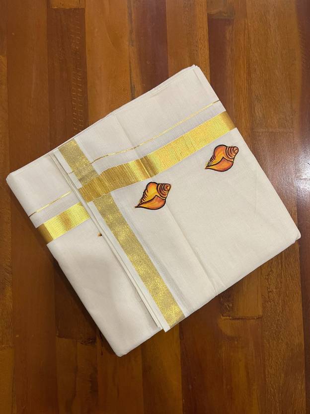 Southloom Pure Cotton Double Mundu with Shell Mural Painted Design on ...