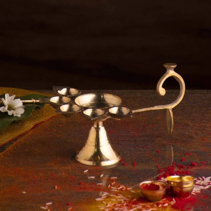 GODS CHOICE Brass Pancha Aarati Diya For Pooja/Decor Size : 7"inch ...