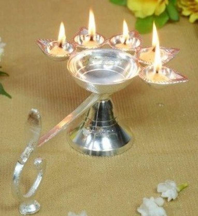 Luckypot German Silver Pancha Aarati Diya For Pooja - 7"inch 150gr ...