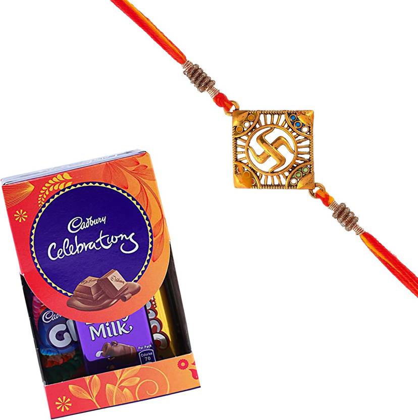 Ascension Swastik Design Kundan Rakhi for Brother & Small Cadbury ...