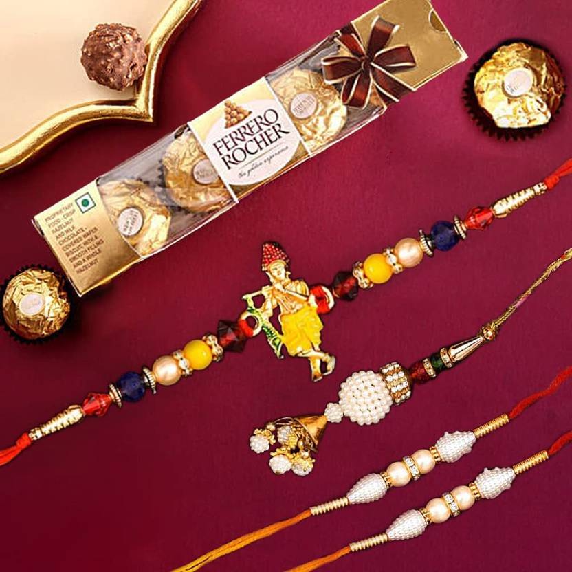 CraftVatika Krishna Rakhi Set of 4 with Chocolate for Brother Bhabhi ...