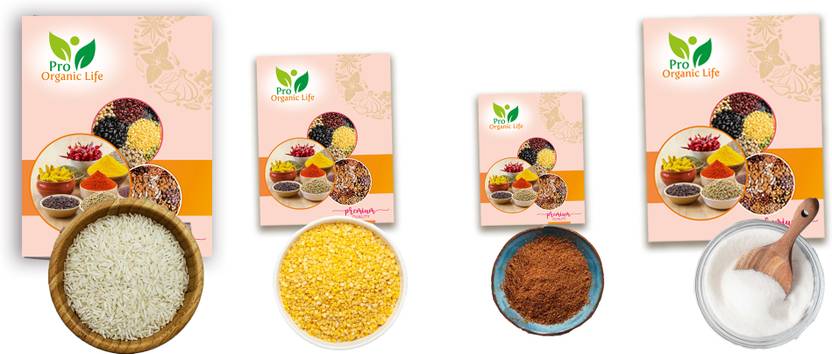 PRO ORGANIC LIFE YELLOW MOONG DAAL,RICE ,SUGAR BOORA ,GARAM MASALA ...