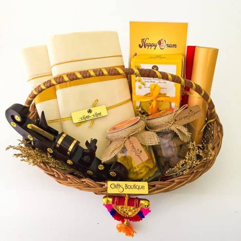 angroos Traditional Onam Gifts Hampers with Keralam Saree, Mundu,Banana Chips and more Combo ...