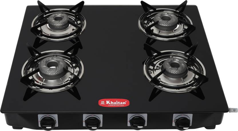 Khaitan 4 Burner Active Forge Black Toughened Glass Manual Gas Stove ...