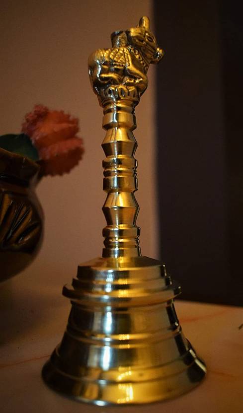 DOKCHAN Handcrafted Pure 10cm Brass Puja Bell with Nandi GAI Sitting ...