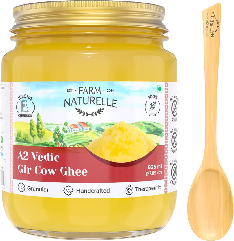Farm Naturelle A2 Desi Cow Ghee from Grass Fed Gir Cows, and a Wooden ...