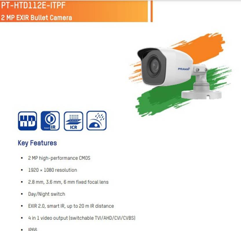 PRAMA PT-HTD112E-ITPF 3.6MM BULLET 4 IN 1 SWITCHABLE Security Camera Price in India - Buy PRAMA ...